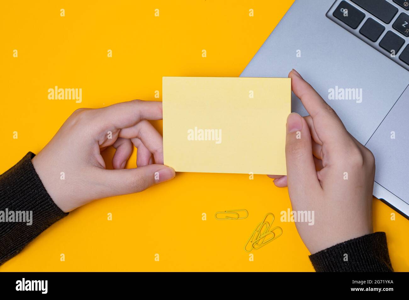 Woman Hand Holding Blank Notes Writing New Messege Updates Ideas Next ...