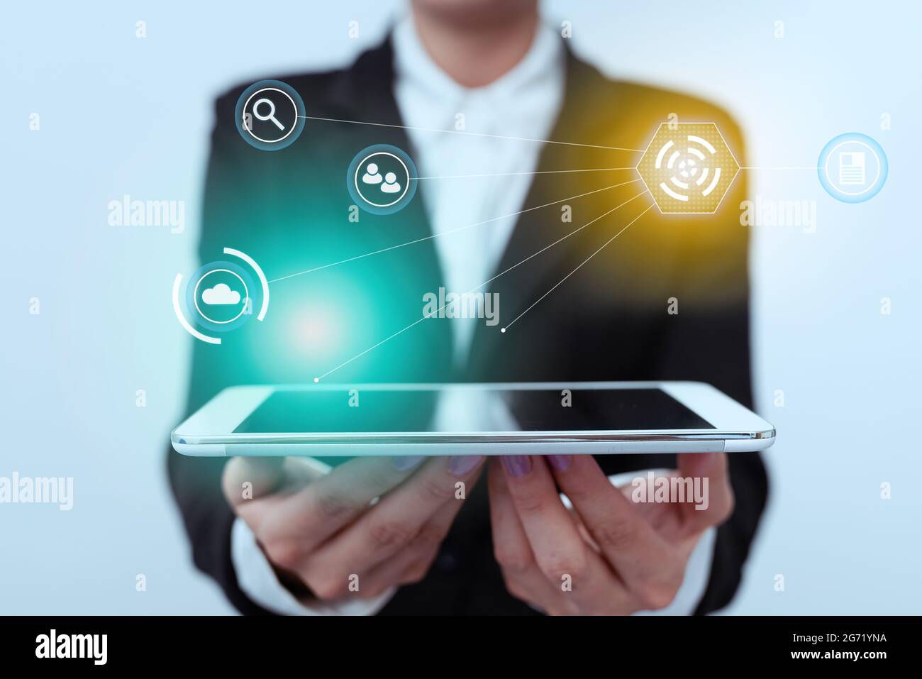 Lady In Uniform Standing Holding Touchpad With Two Hands Showing ...