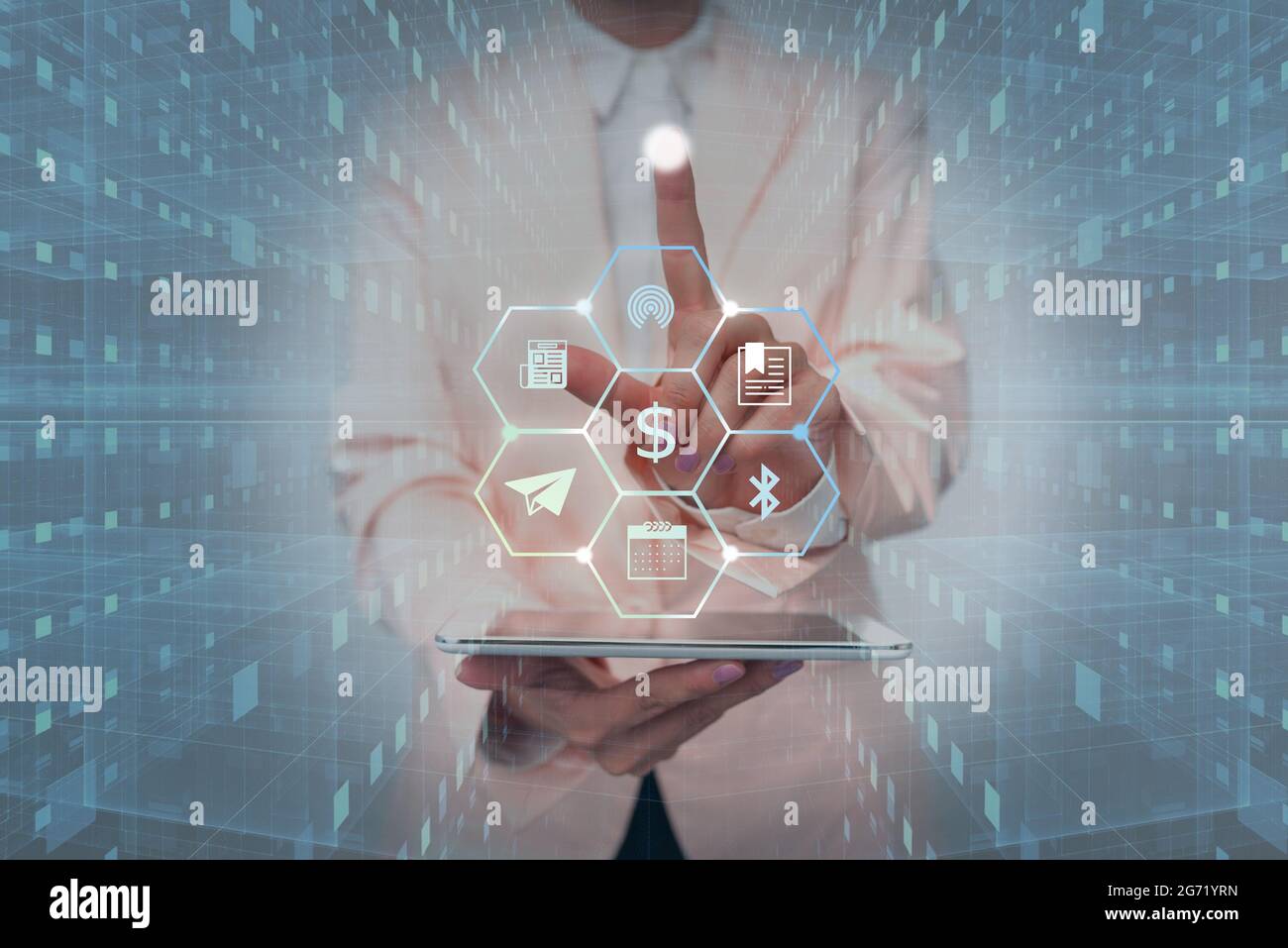 Lady In Uniform Side Standing Holding Tablet In Hand Virtually Toching ...