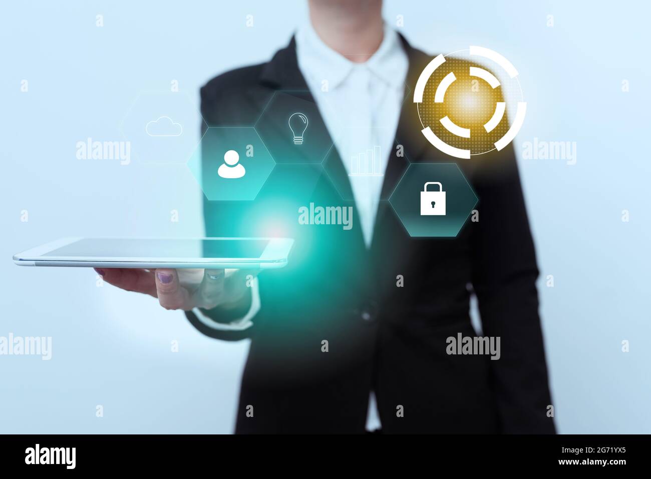 Woman In Uniform Standing And Displaying Mobile Device Using Futuristic Virtual Image Display ...