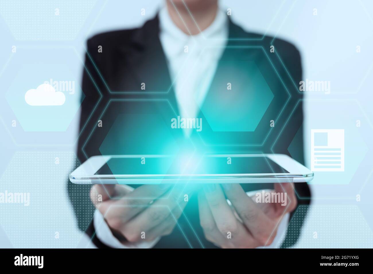 Lady In Uniform Standing Holding Touchpad With Two Hands Showing ...