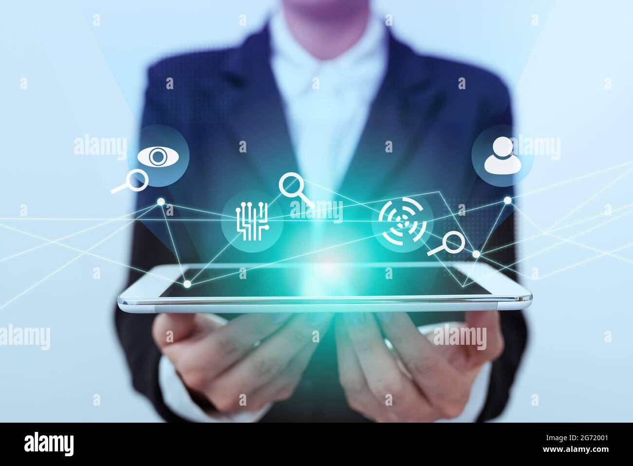 Lady In Uniform Standing Holding Touchpad With Two Hands Showing ...