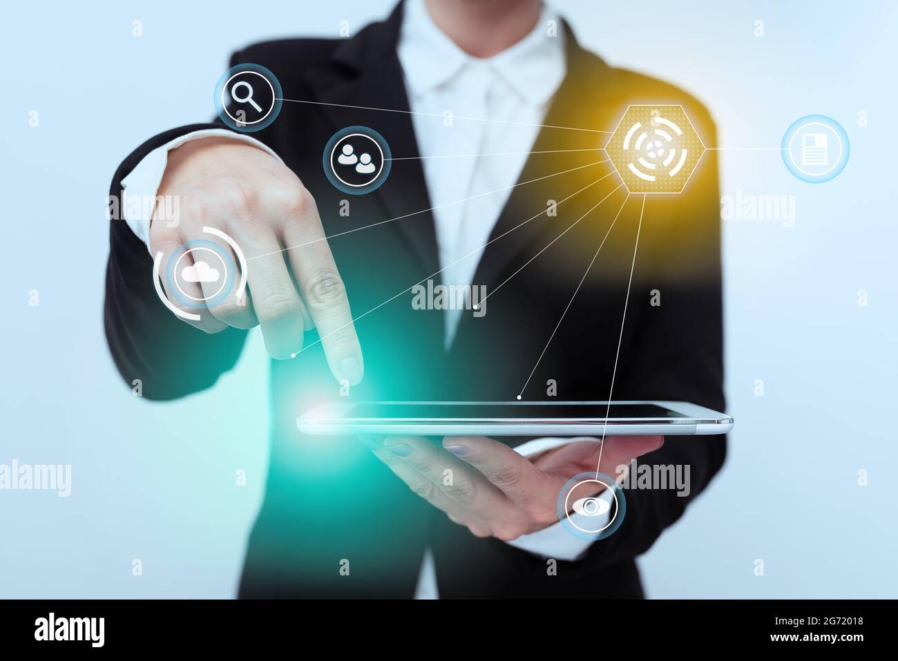 Lady In Suit Standing Pointing On Tablet Showing Futuristic Graphic ...