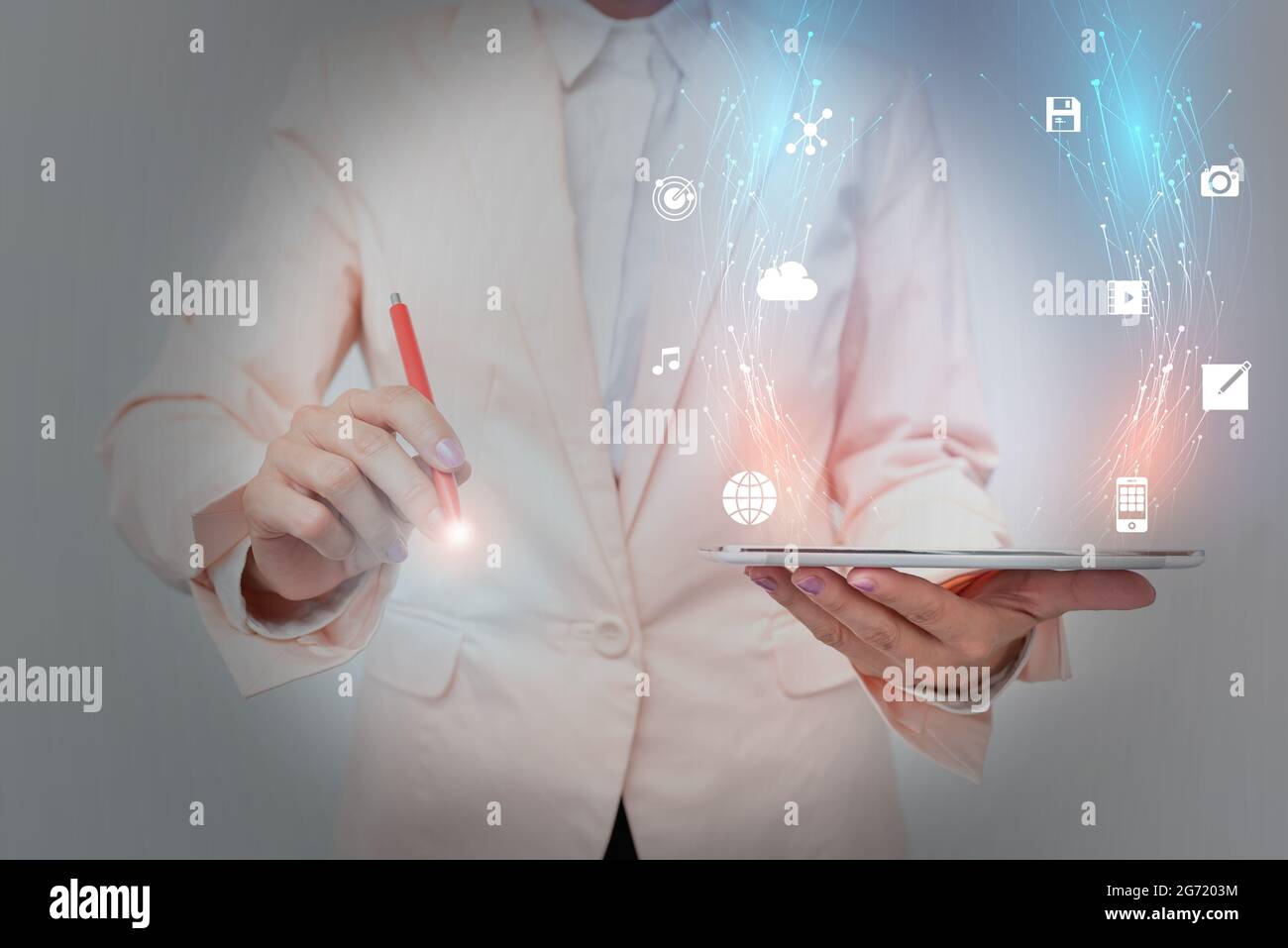 Business Woman Standing And Using Phone While Presenting New Futuristic ...