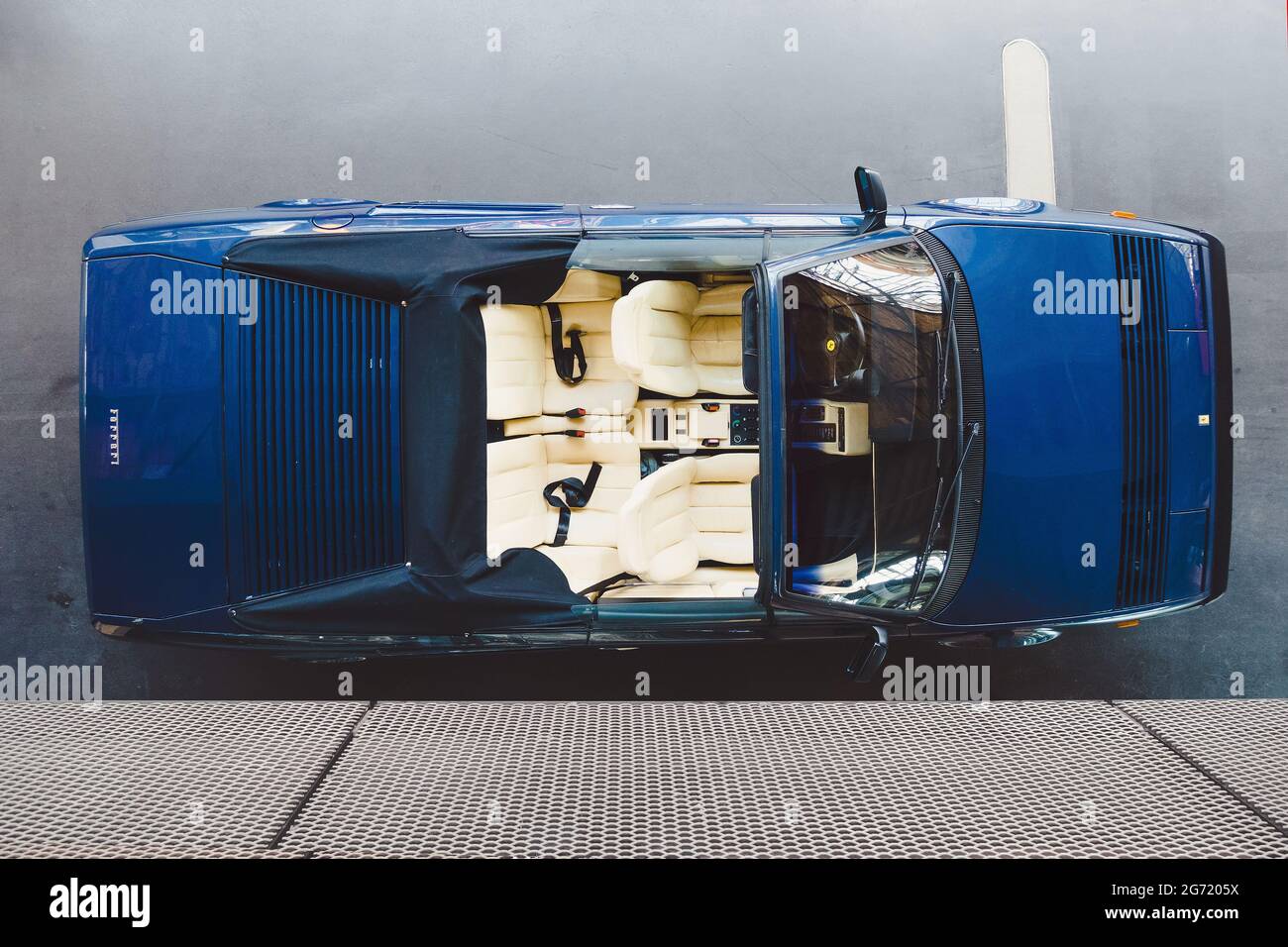 Berlin, Germany - August 2019: Blue Ferrari Mondial, view from above ...
