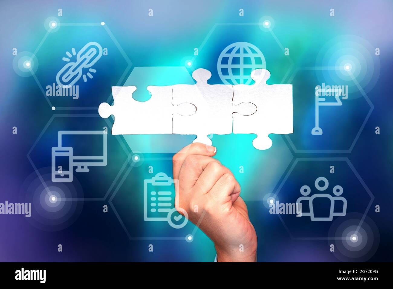 Hand Holding Jigsaw Puzzle Piece Unlocking New Futuristic Technologies ...