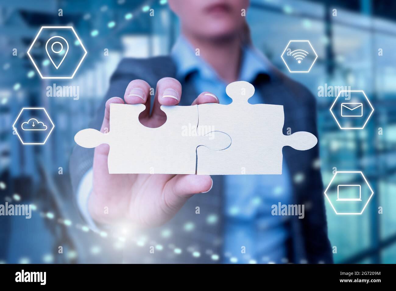 Business Woman Holding Jigsaw Puzzle Piece Unlocking New Futuristic ...