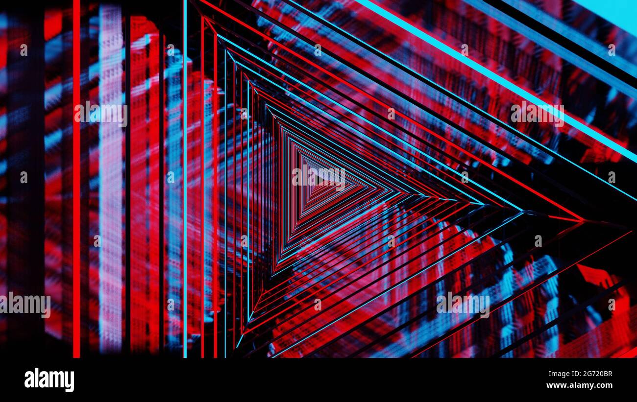 3D illustration graphic of colorful neon lights triangular tunnel ...