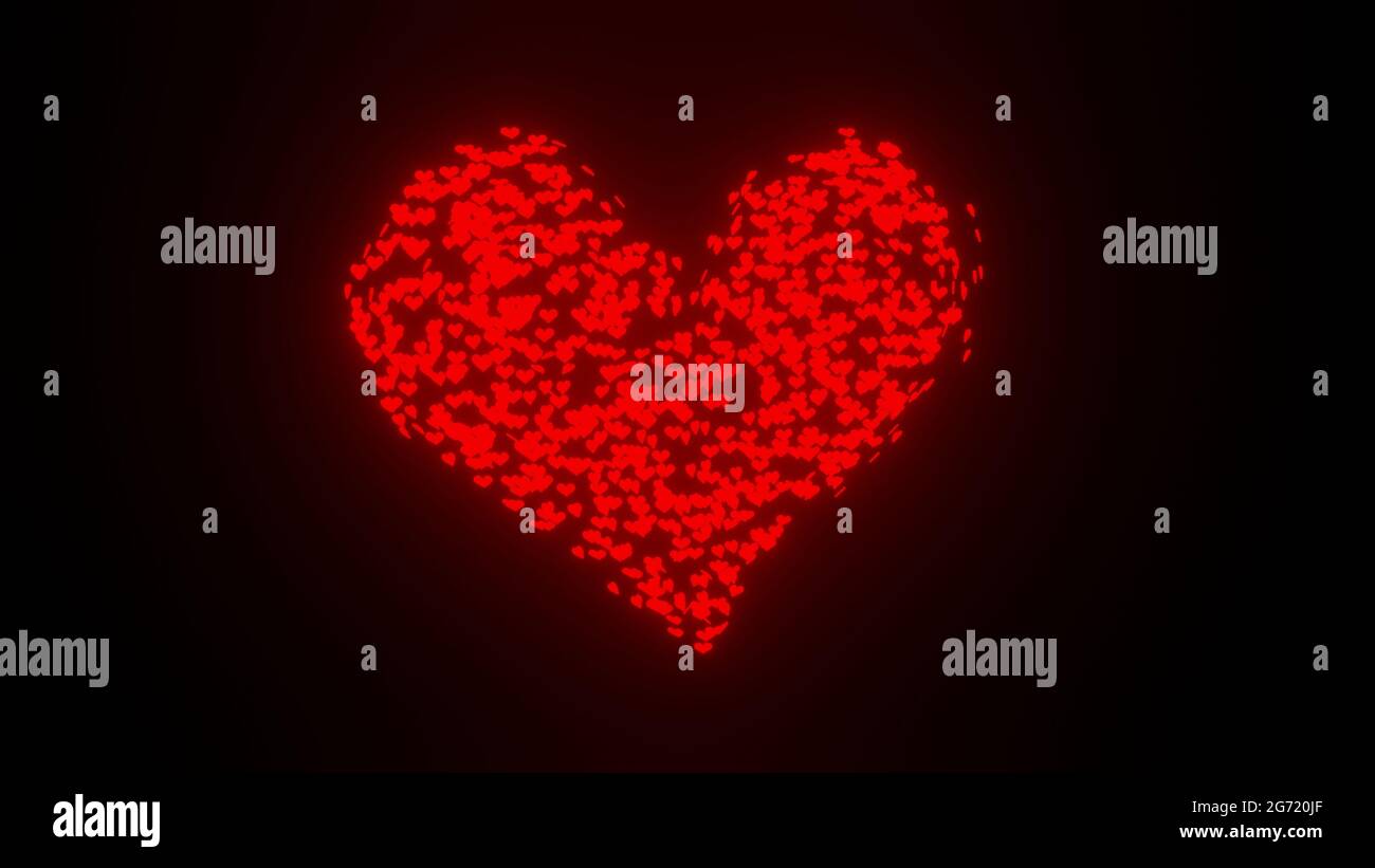 Illustration of a red bright heart made of small particles on black ...