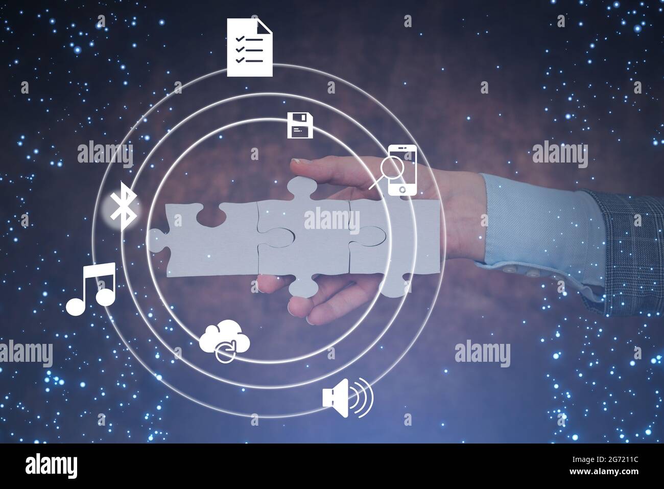 Hand Holding Jigsaw Puzzle Piece Unlocking New Futuristic Technologies ...
