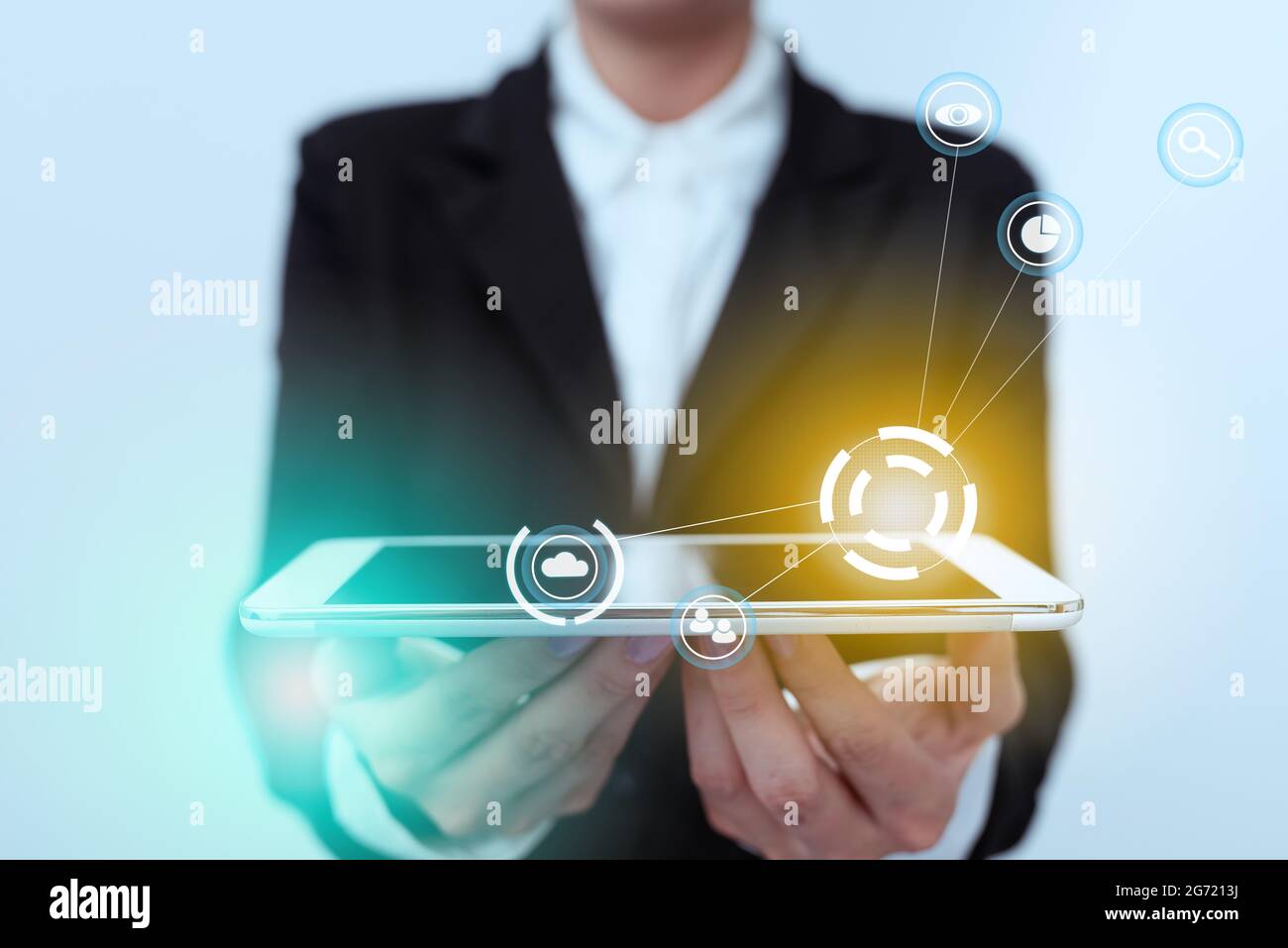 Lady In Uniform Standing Holding Touchpad With Two Hands Showing ...