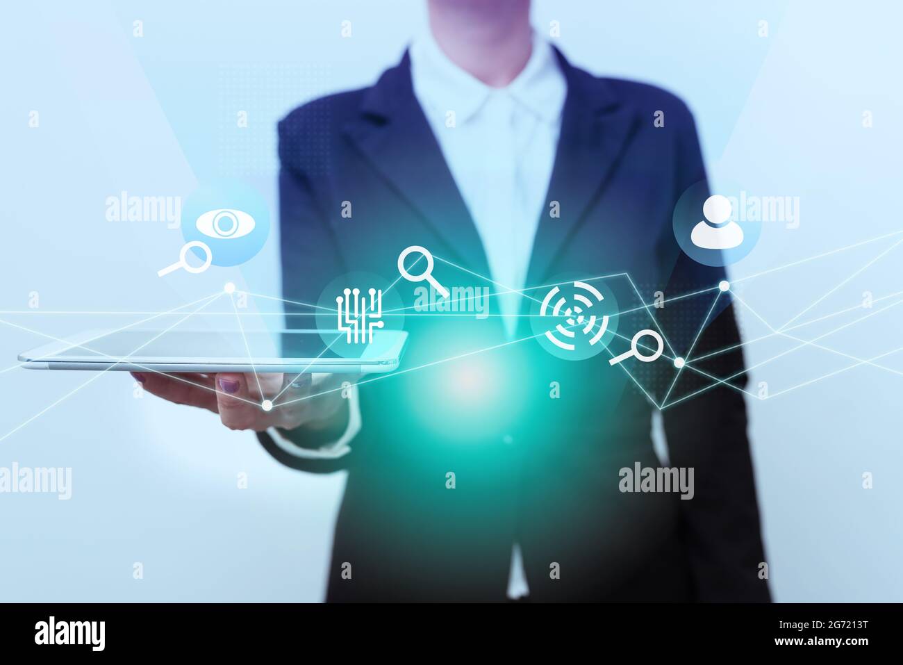 Woman In Uniform Standing And Displaying Mobile Device Using Futuristic ...