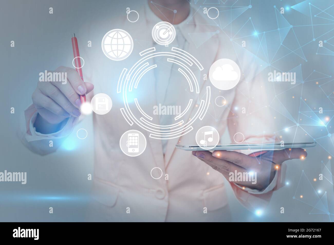 Business Woman Touching Futuristic Virtual Display Technology, Lady In ...