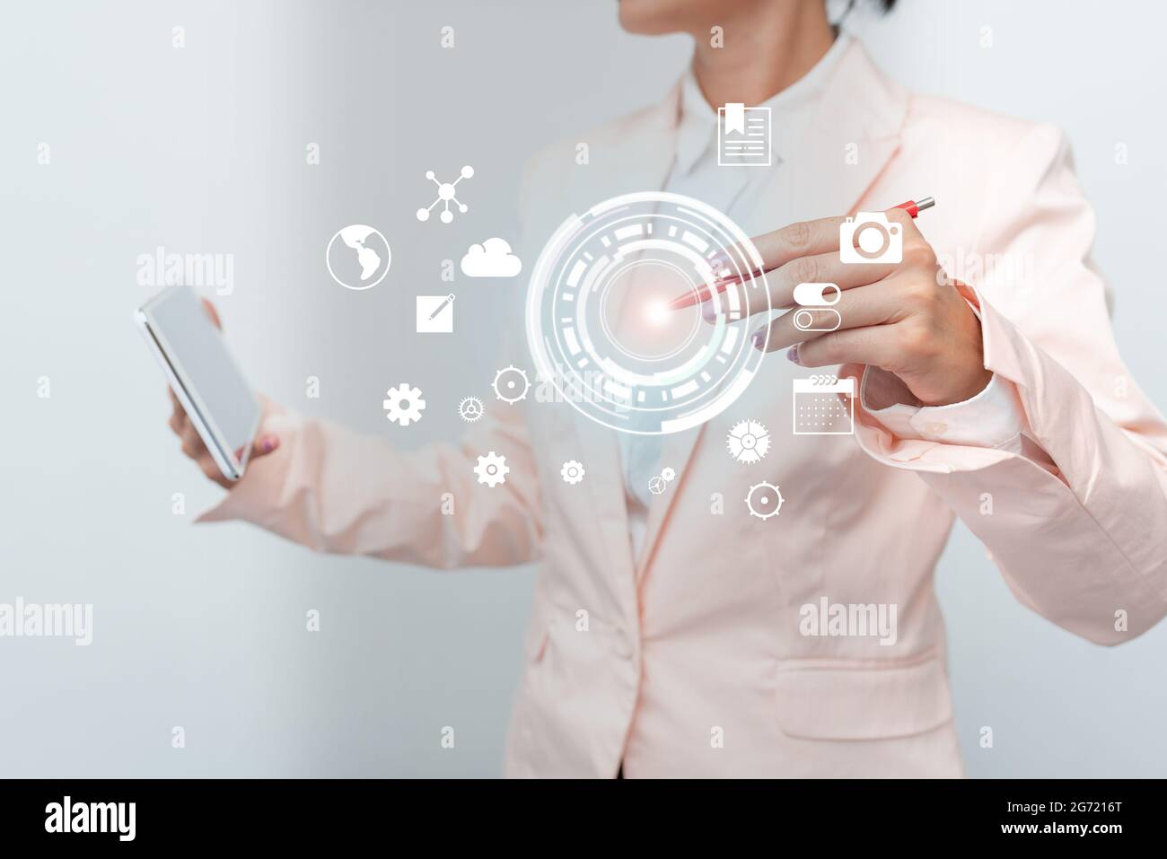 Business Woman Touching Digital Data On Holographic Screen Interface ...