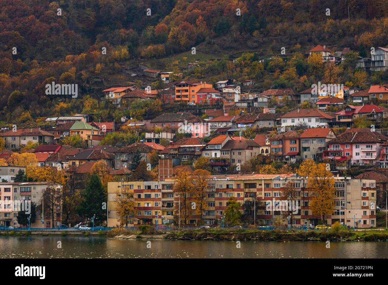 View of Danube river and Orsova city vegetation and buildings ...