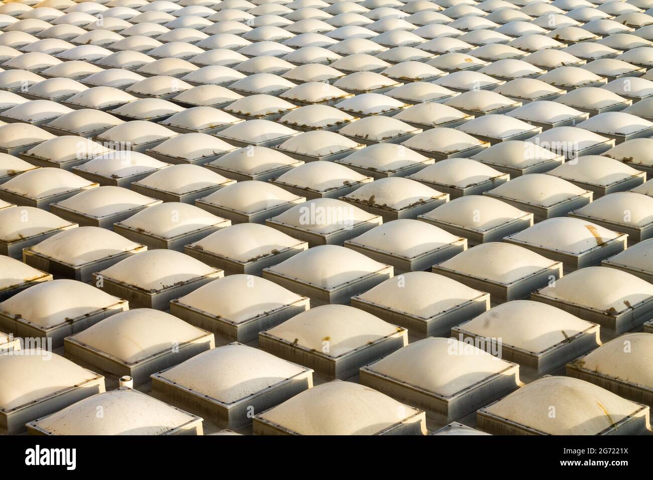 White roof covered with multiple blocks. Rows of white blocks ...