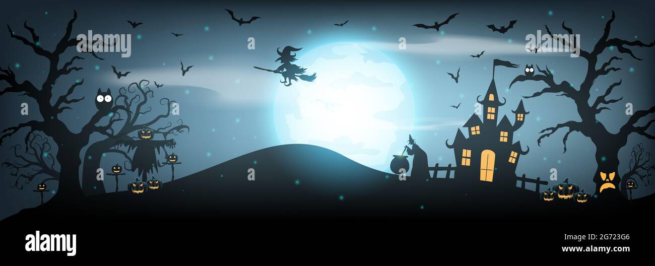Happy Halloween background with pumpkin ghost, Haunted house with full ...