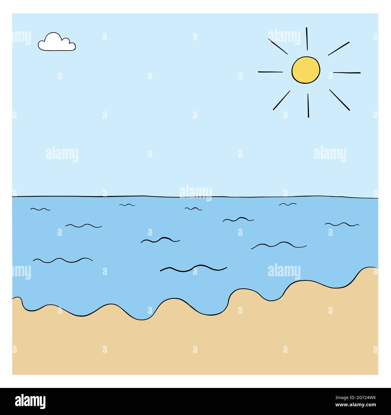 Cartoon sea, beach and sunny weather, vector illustration. Colored and ...
