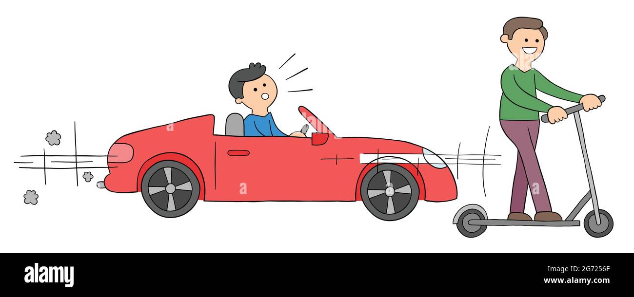 Cartoon open top luxury car and electric scooter that goes faster ...