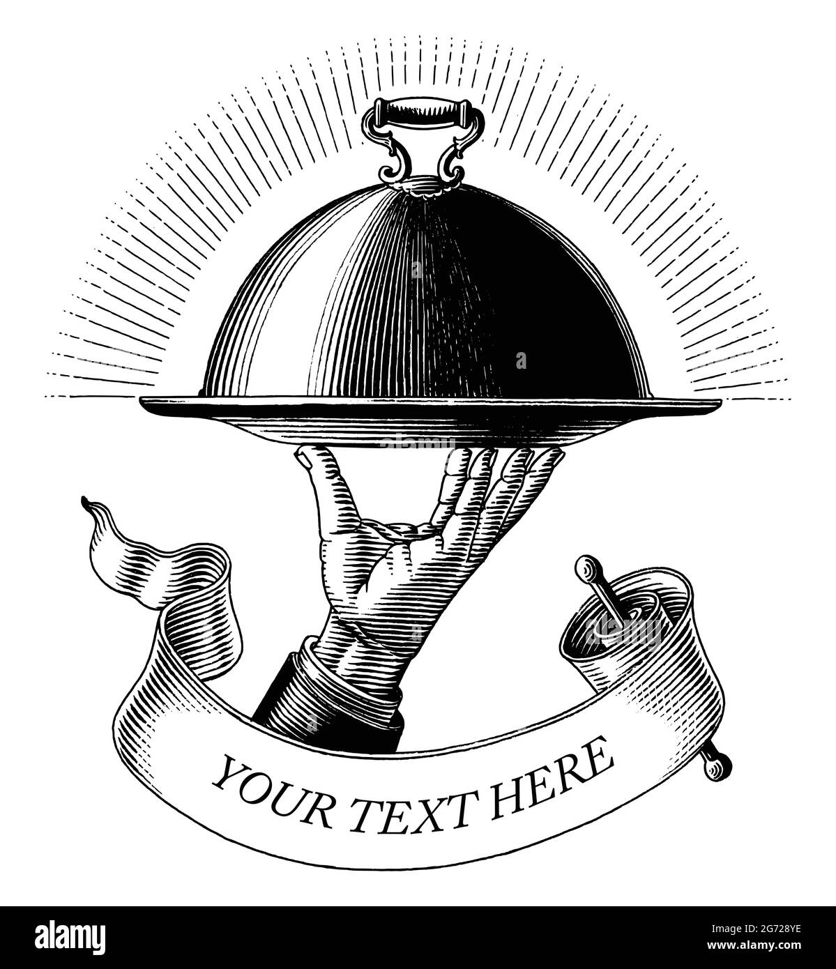 Hand holding food tray drawing vintage engraving style black and white ...