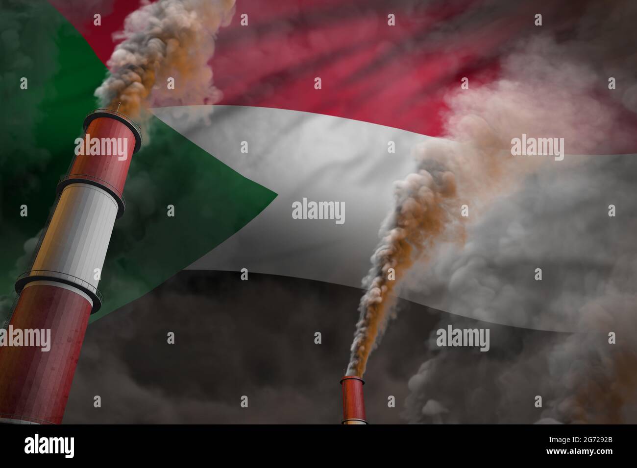 Pollution fight in Sudan concept - industrial 3D illustration of two ...