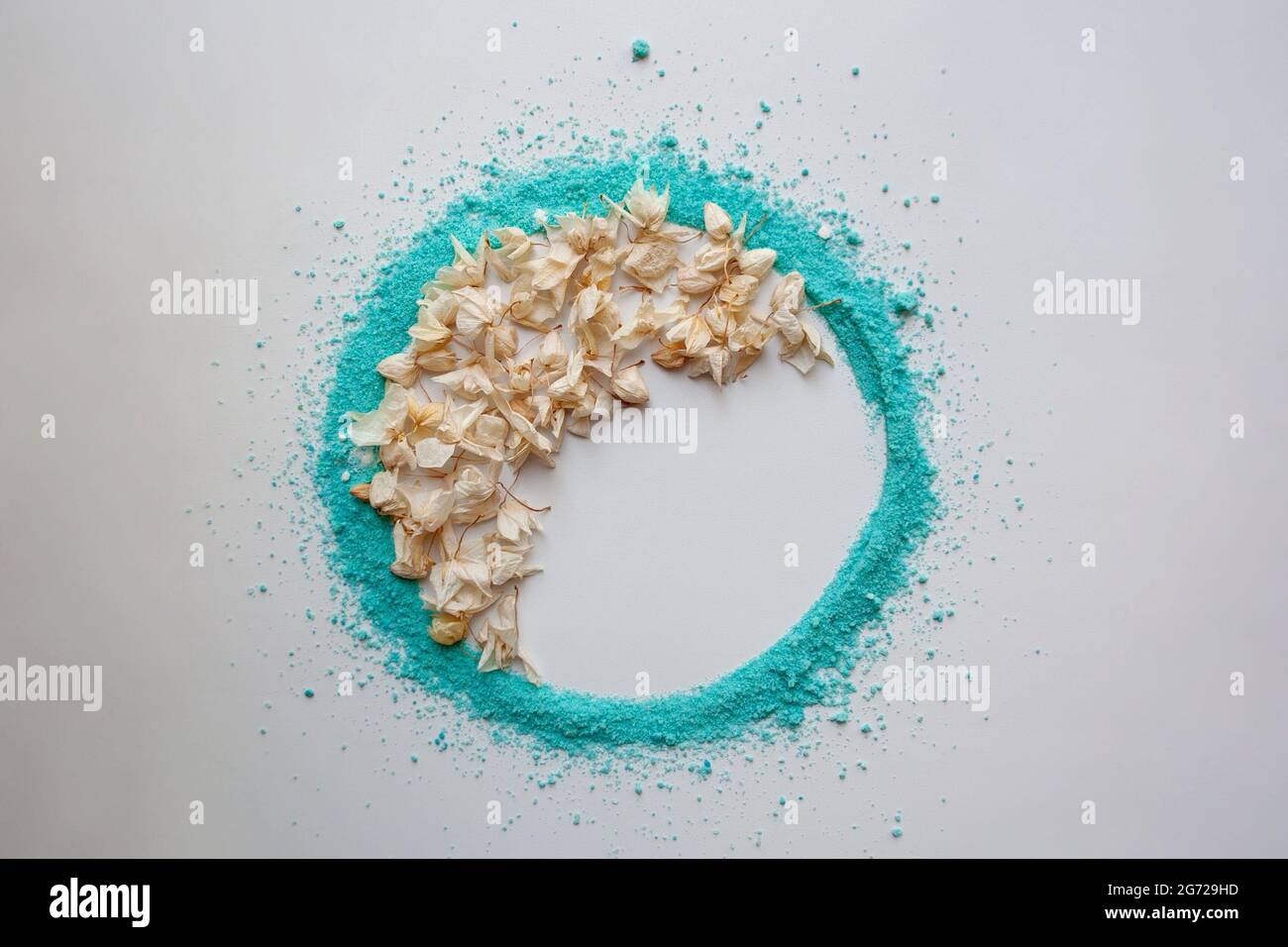 Floral beige half moon shaped composition inside turquoise colored ...