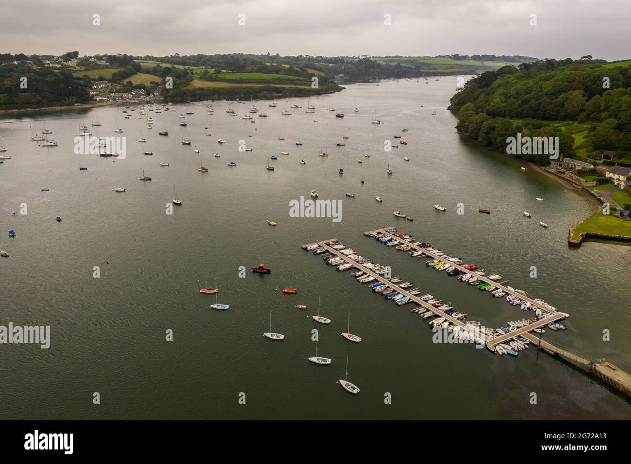 HELFORD, CORNWALL, UK - JUNE 29, 2021. Aerial landscape of the Helford ...