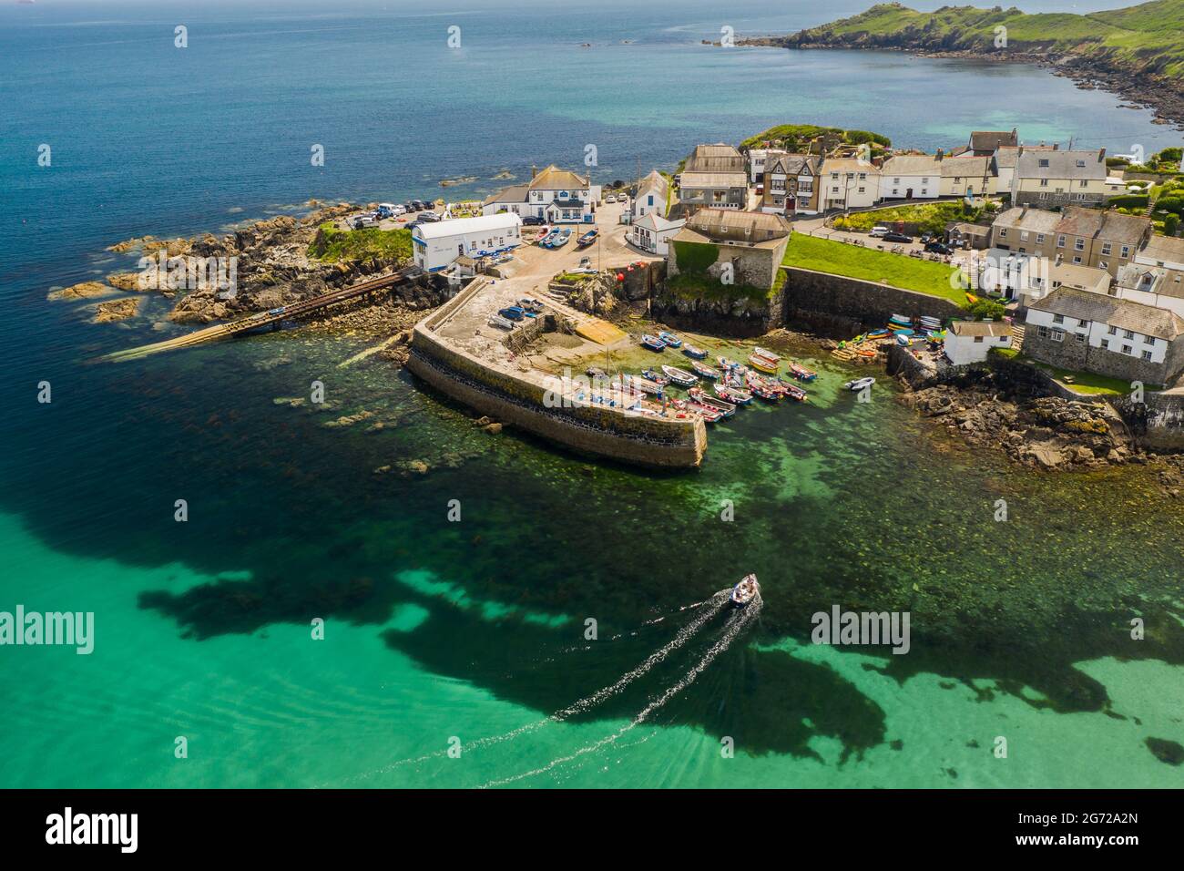 COVERACK, CORNWALL, UK - JUNE 30, 2021. Aerial view of the picturesque ...