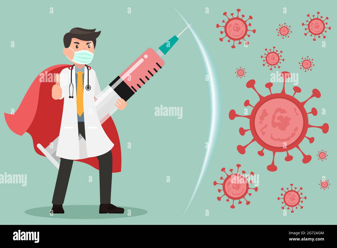 Doctor superhero holding a syringe with COVID-19 vaccine. Doctor be ...