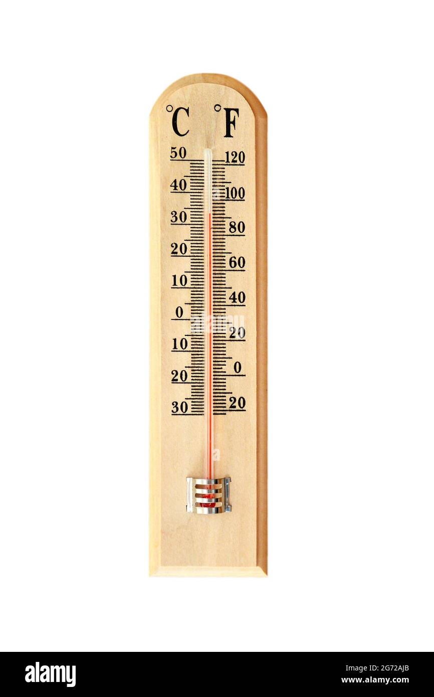 Thermometer showing high summer temperature isolated on white ...