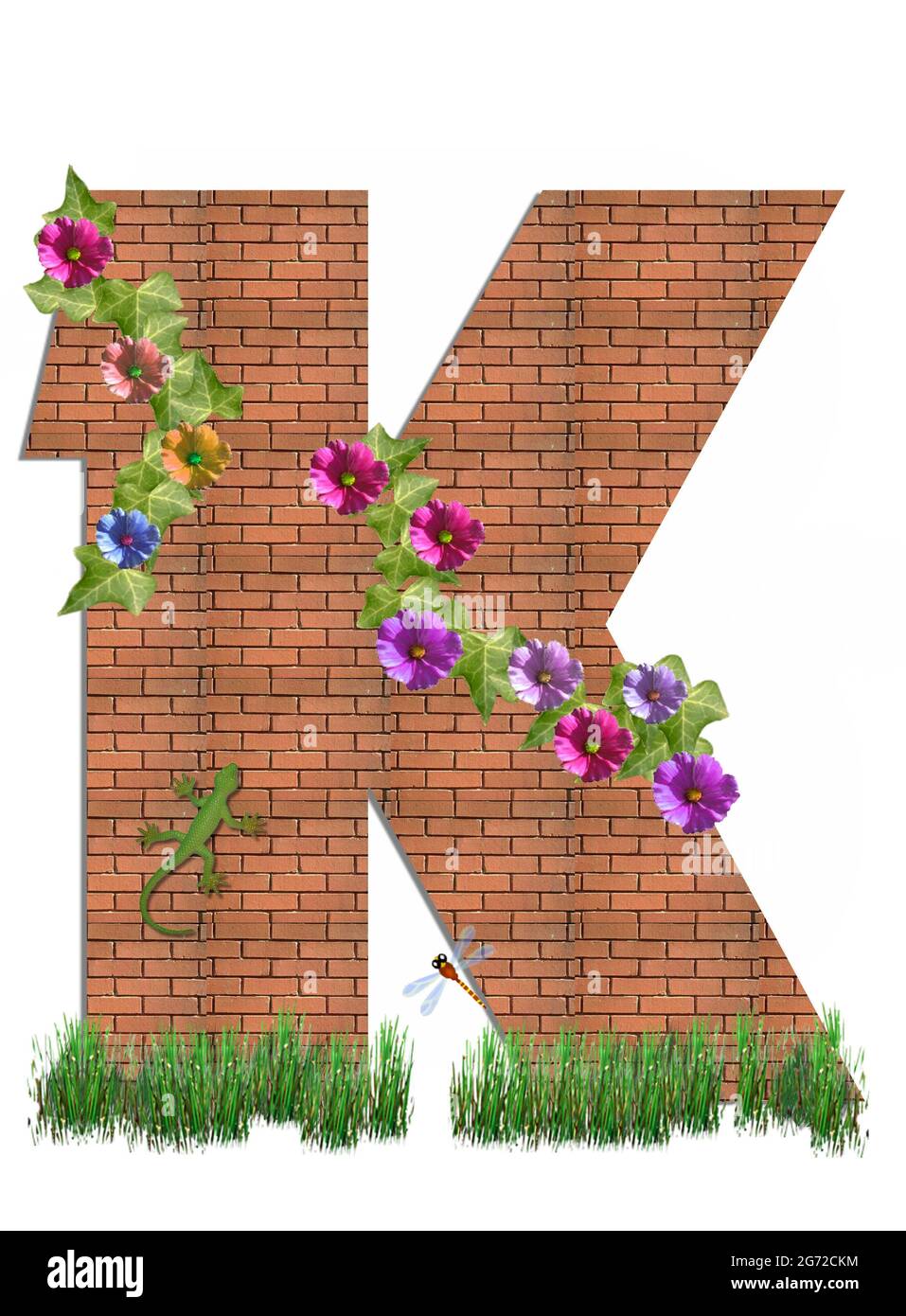 K in the alphabet set "Garden Brick Wall" is decorated with growing ...