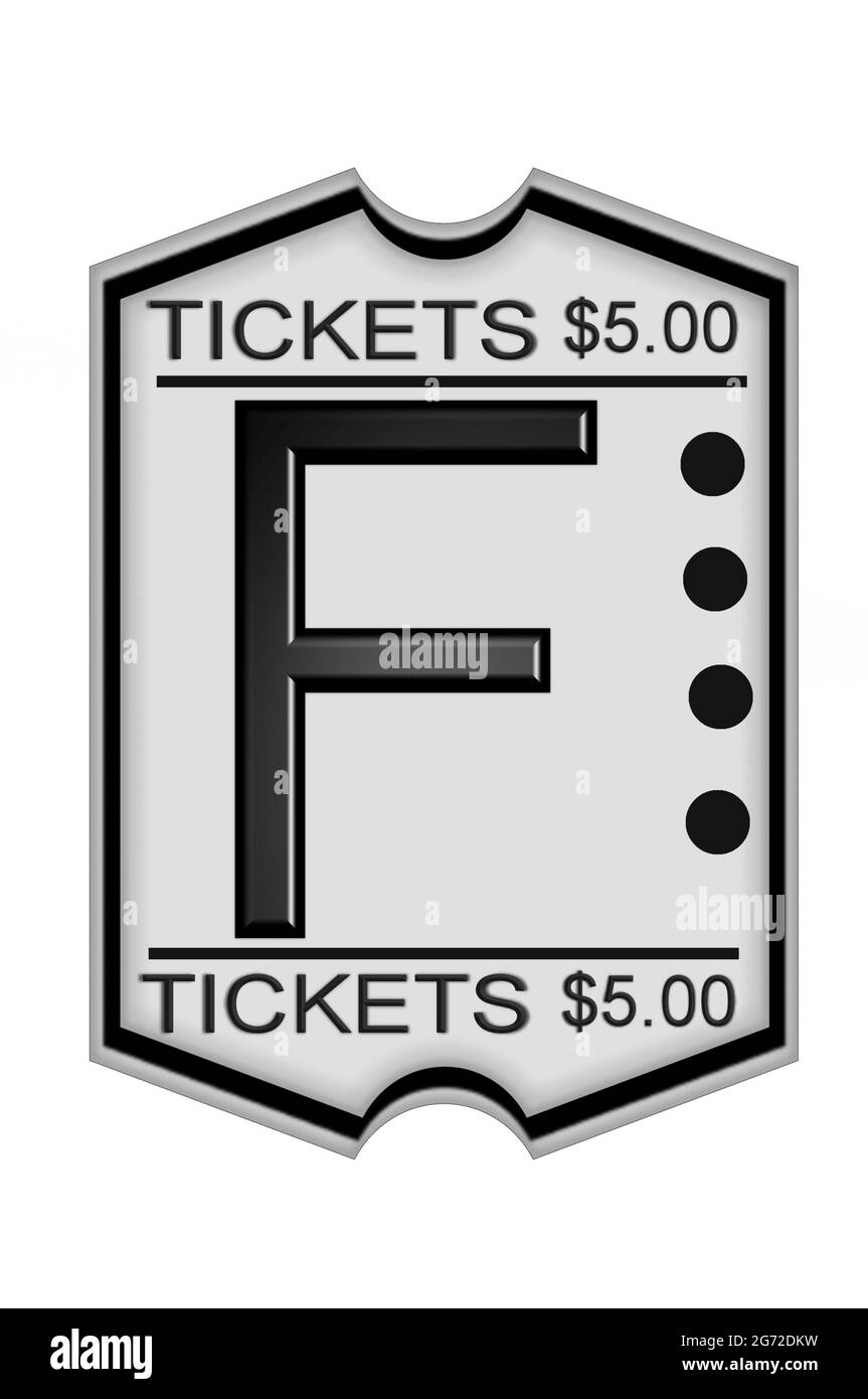 F, in the alphabet set Ticket Stub, is a black letter on a white ticket ...