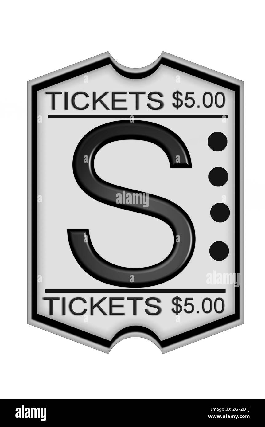 S, in the alphabet set Ticket Stub, is a black letter on a white ticket ...