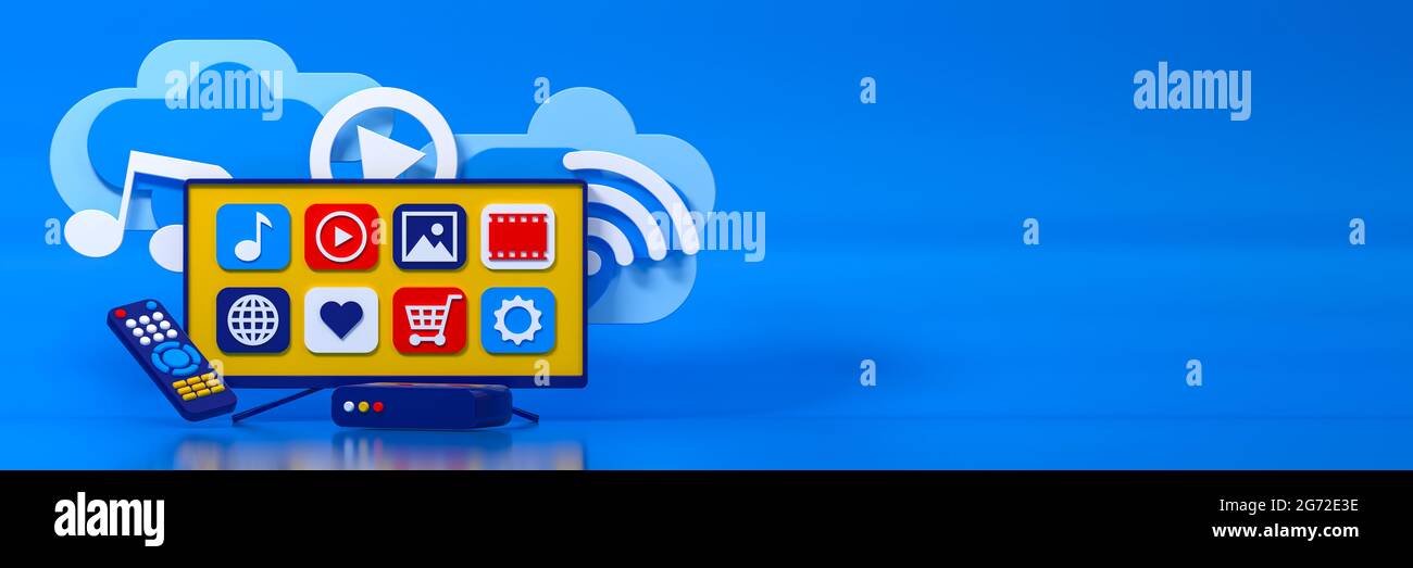 Smart TV IPTV television set, remote control. 3d concept illustration ...