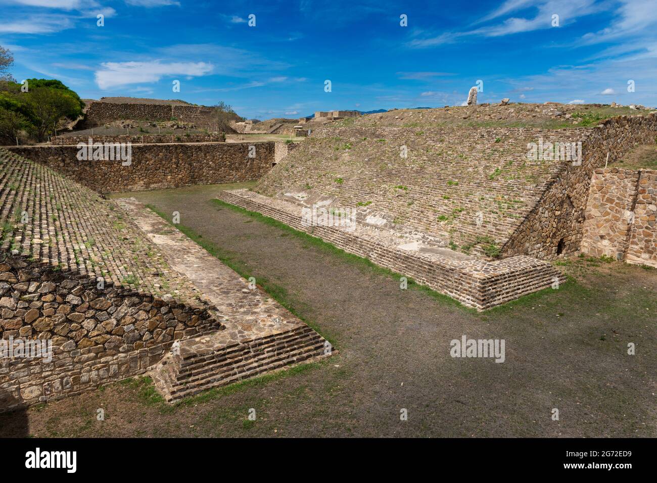 View of the ballgame court at the Monte Albán pyramid complex in Oaxaca ...