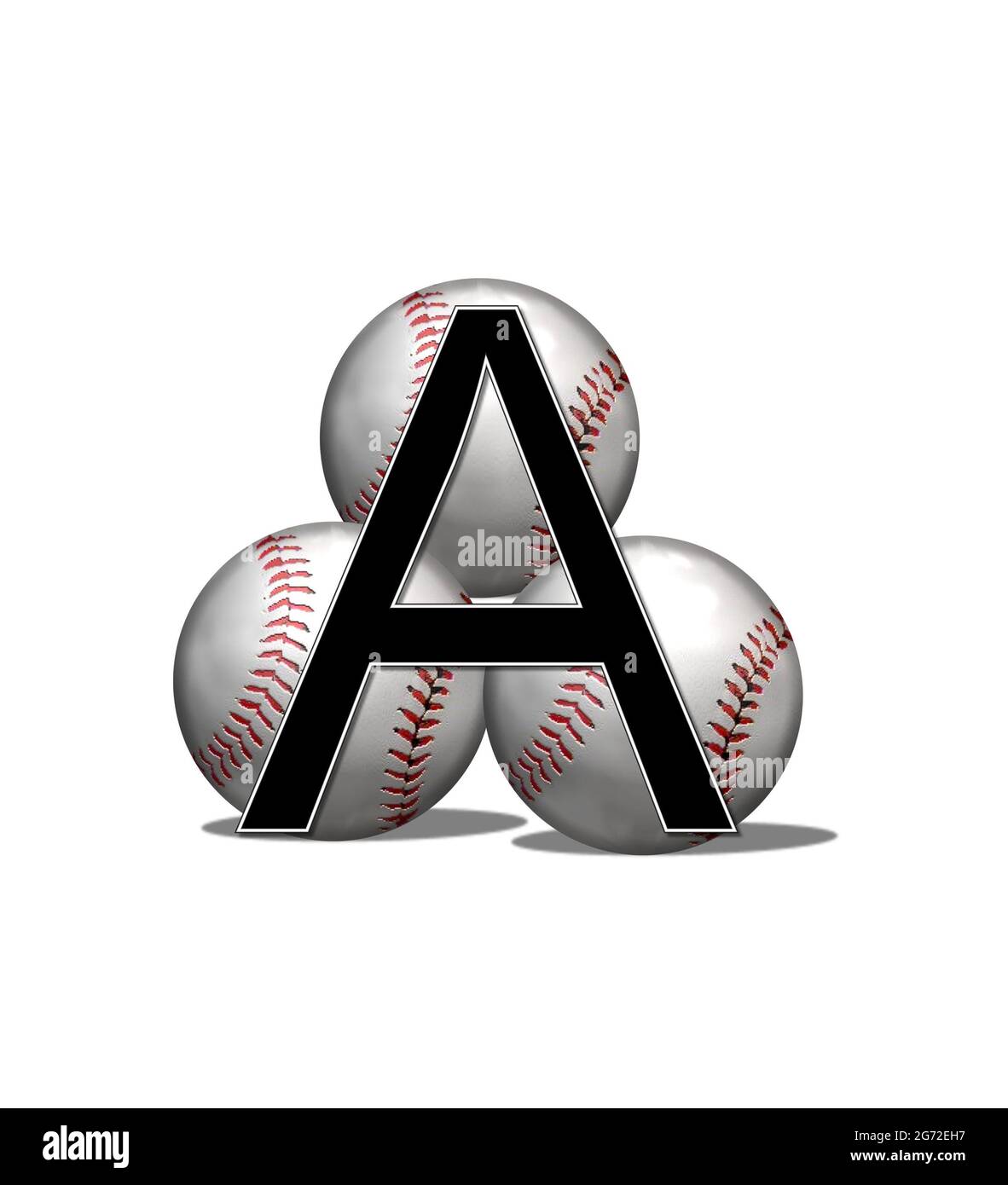The letter A, in the alphabet set "Baseballs", is black and outlined ...