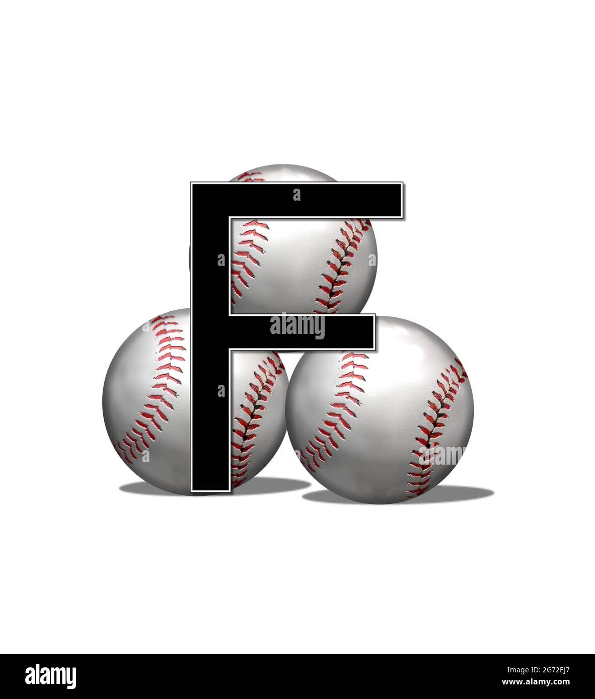 The letter F, in the alphabet set "Baseballs", is black and outlined ...