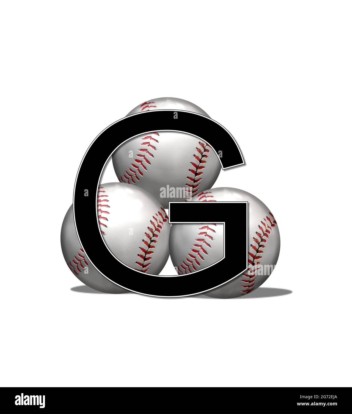 The letter G, in the alphabet set "Baseballs", is black and outlined ...