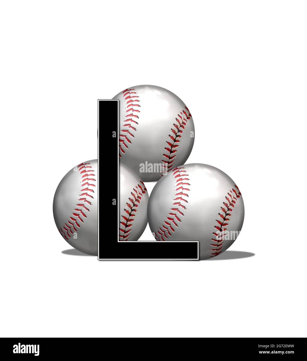 The letter L, in the alphabet set "Baseballs", is black and outlined ...