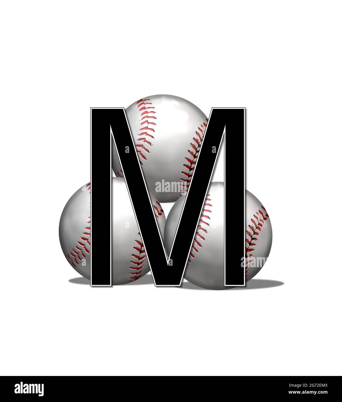 The letter M, in the alphabet set "Baseballs", is black and outlined ...