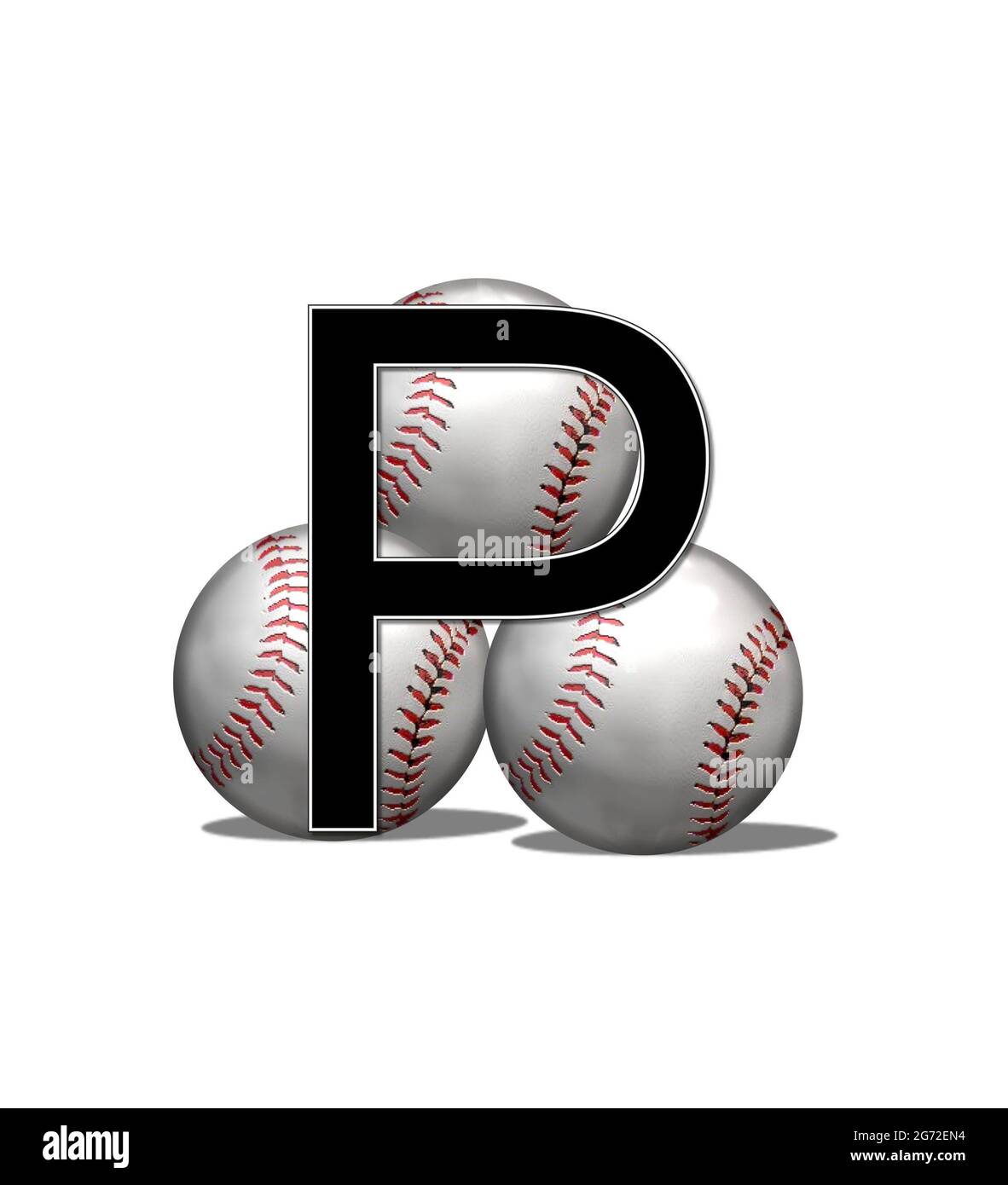 The letter P, in the alphabet set "Baseballs", is black and outlined ...