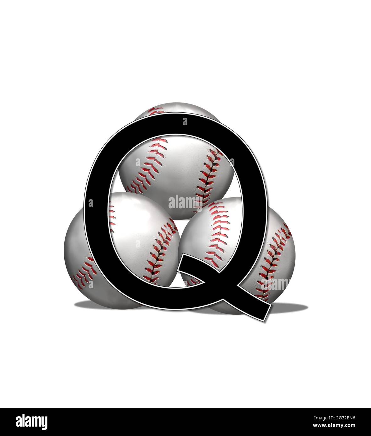 The letter Q, in the alphabet set "Baseballs", is black and outlined ...