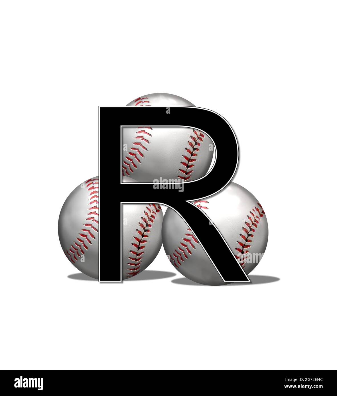The letter R, in the alphabet set "Baseballs", is black and outlined ...
