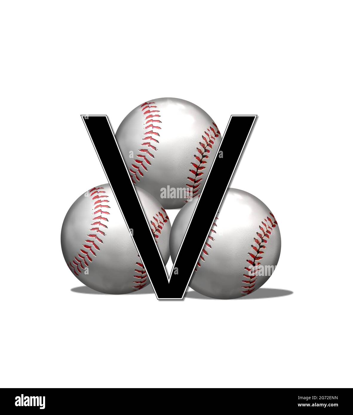The letter V, in the alphabet set "Baseballs", is black and outlined ...
