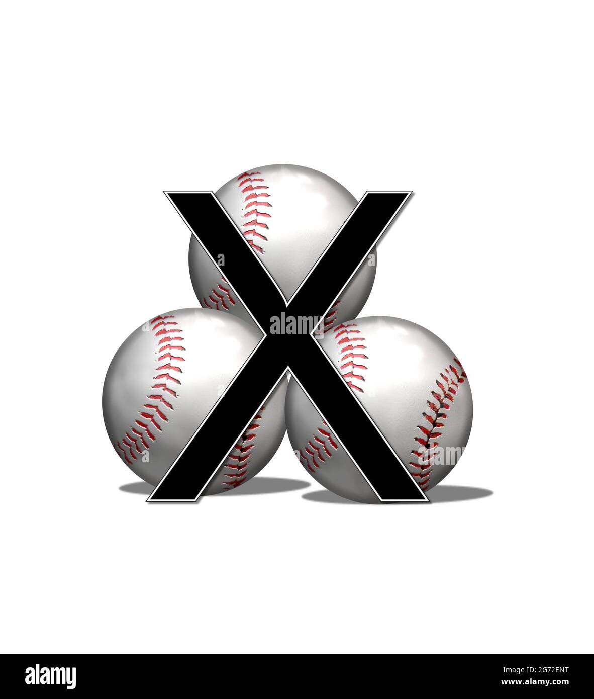The letter X, in the alphabet set "Baseballs", is black and outlined ...