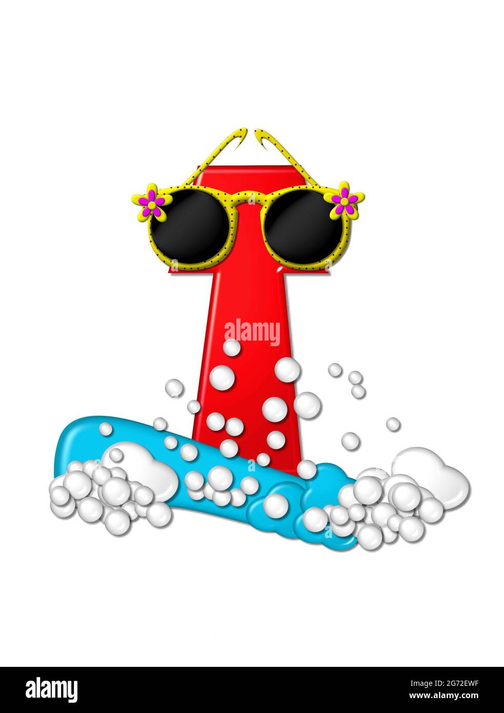 The letter T, in the alphabet set "Beachy", is 3D red. Water and ...