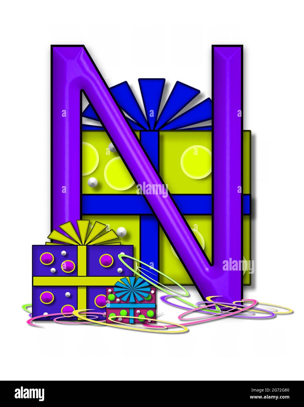 The letter N, in the alphabet set Boxes and Bows, is 3D purple and ...