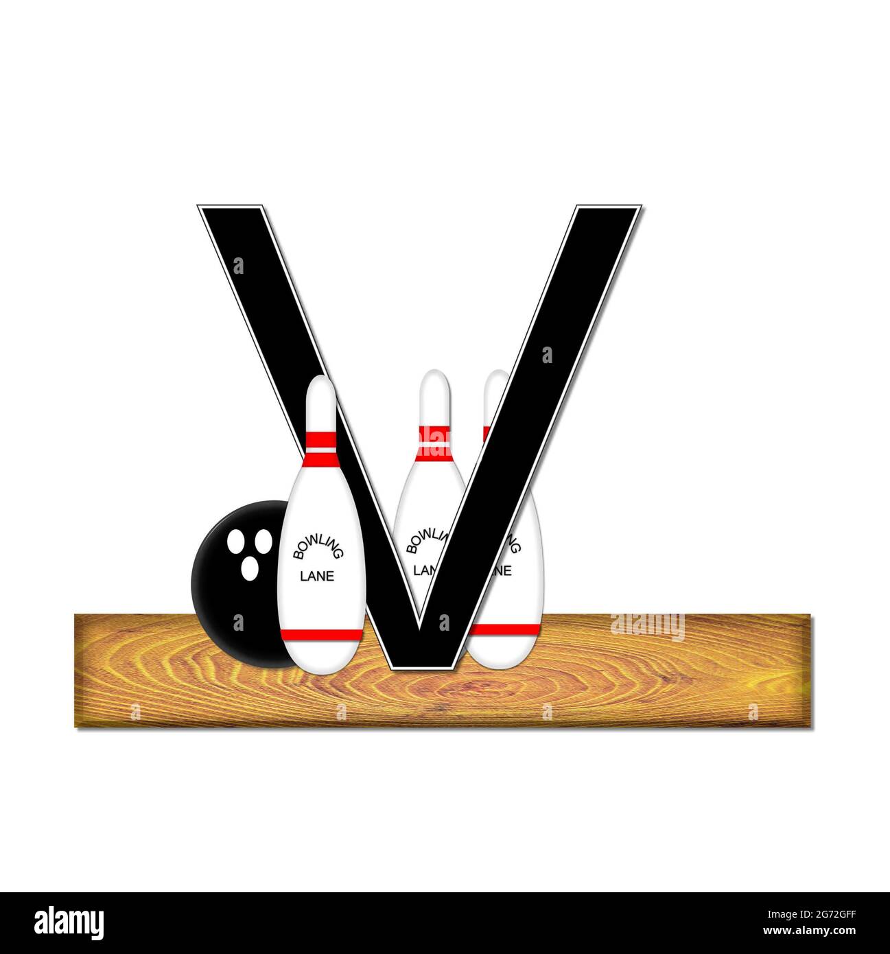 The letter V, in the alphabet set "Bowling", is black with white border ...