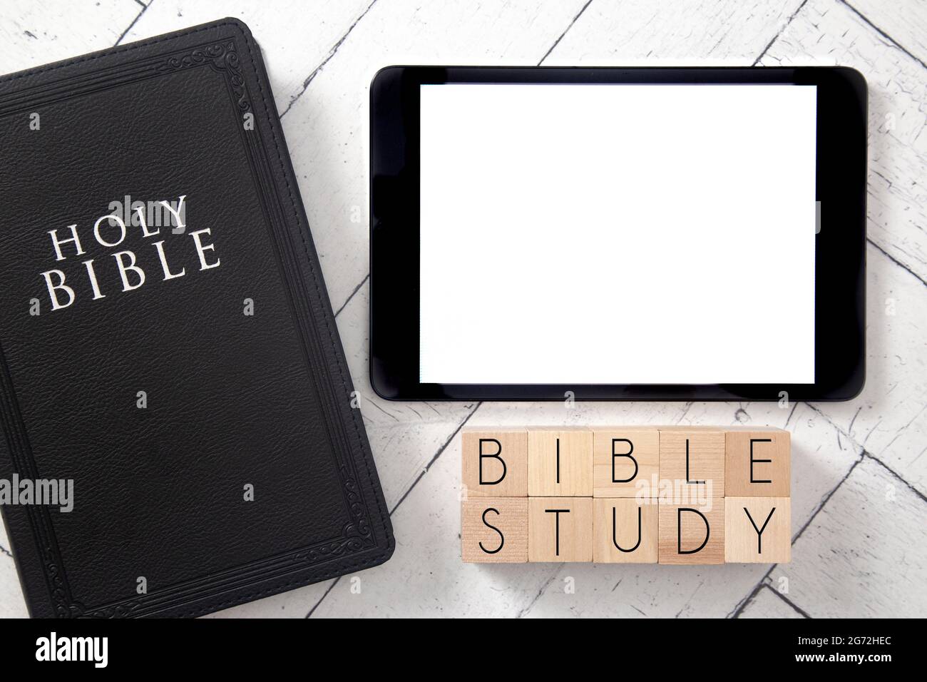 Bible Study in Block Letters on a White Wooden Table with a Bible and ...