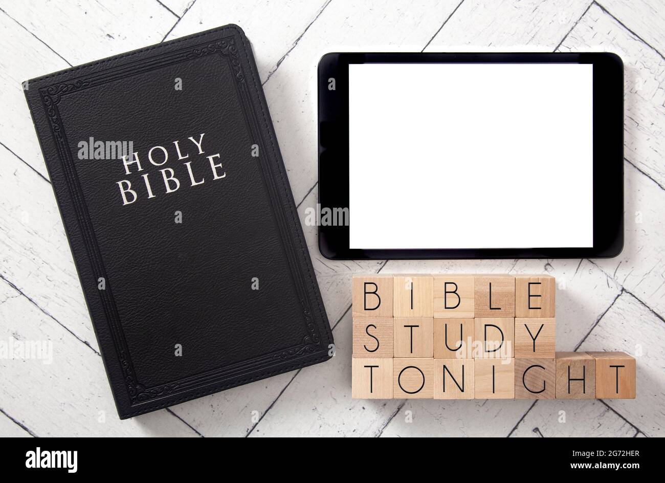 Bible Study Tonight in Block Letters on a White Wooden Table with a ...